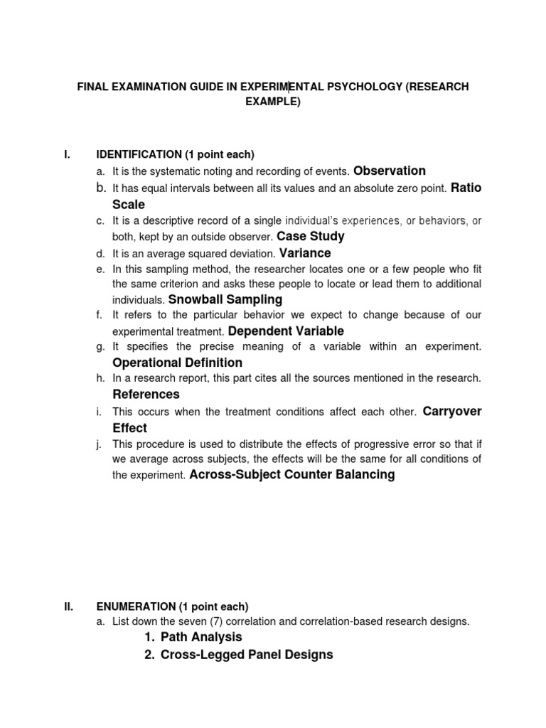 Final Examination Guide in Experimental Psychology (Research Example ...