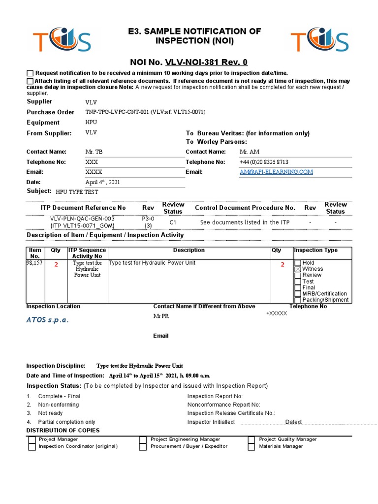 E3. Sample Notification of Inspection (Noi) NOI No. VLV-NOI-381 Rev. 0 ...