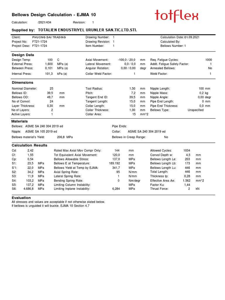 Bellows Design Calculation - EJMA 10: Supplied By: Totalien Endustriyel ...