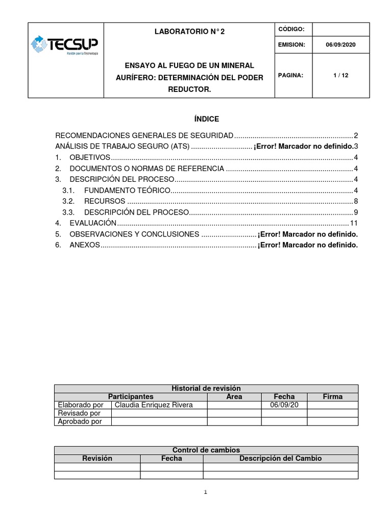 Guía de Laboratorio 2 Ensayo Al Fuego de Un Mineral Aurífero Determinación Del Poder Reductor ...