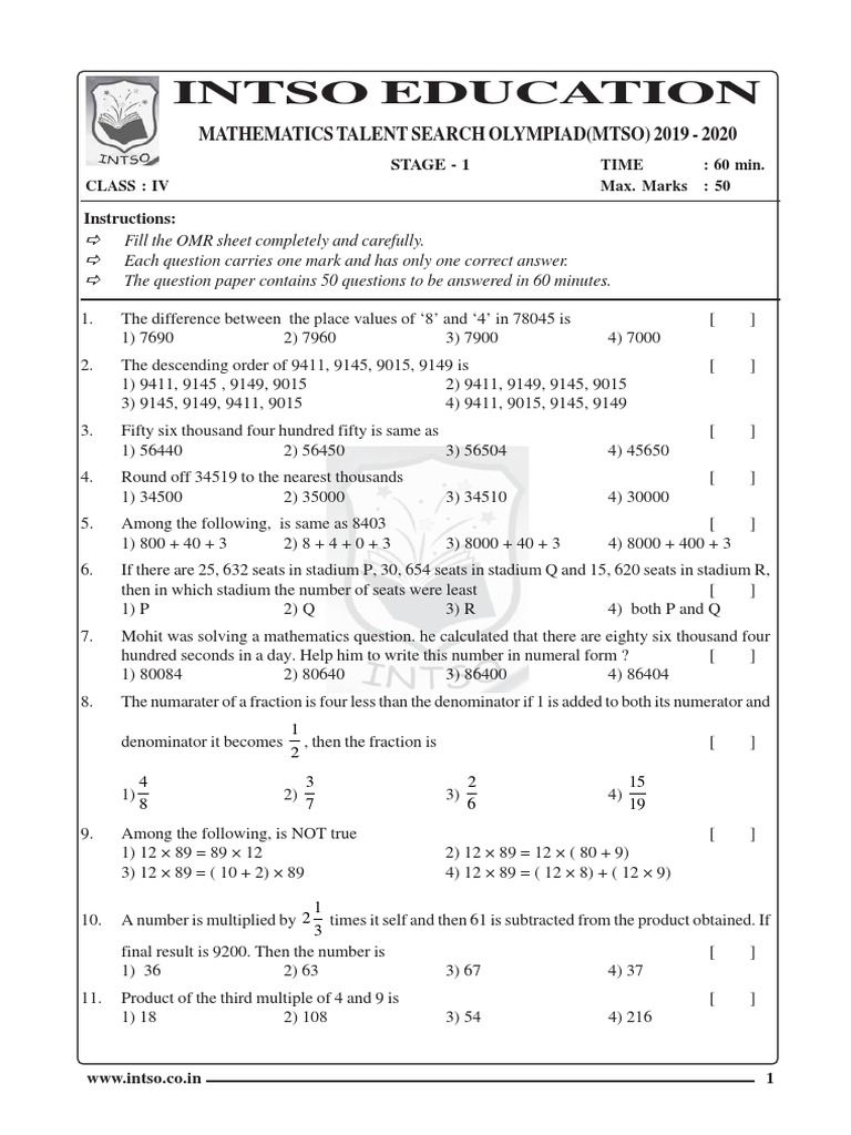 MTSO Class 4 Mathematics Question Paper | PDF | Numbers | Elementary ...