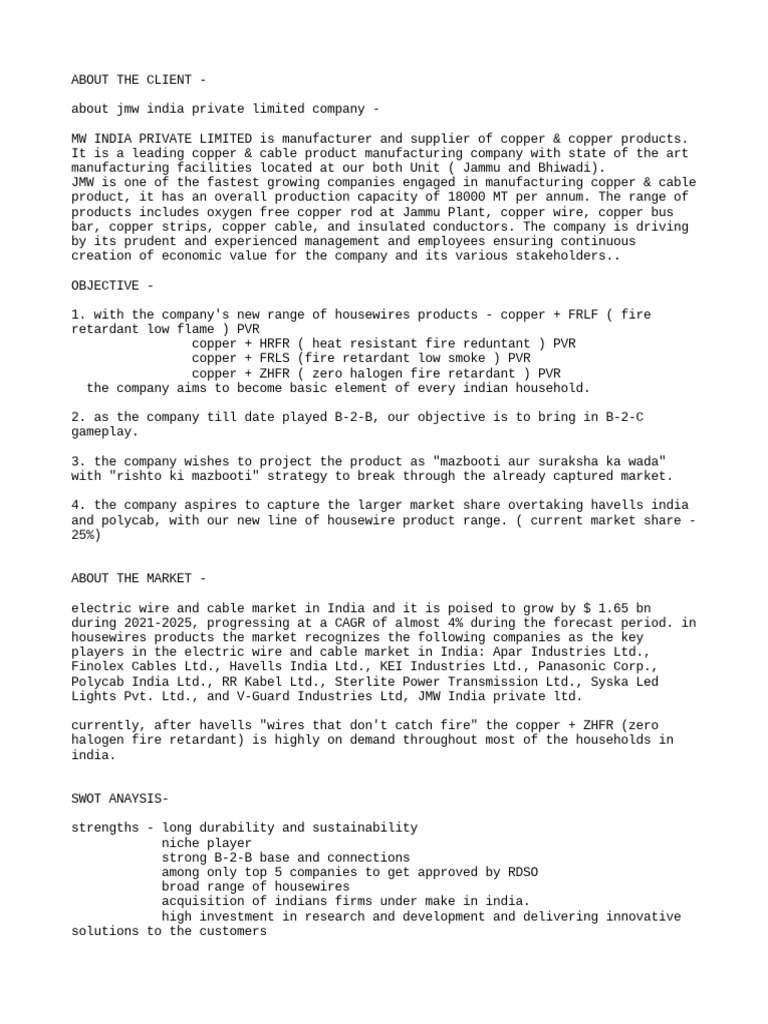 Market Research - JMW Wires | PDF | Swot Analysis | Copper