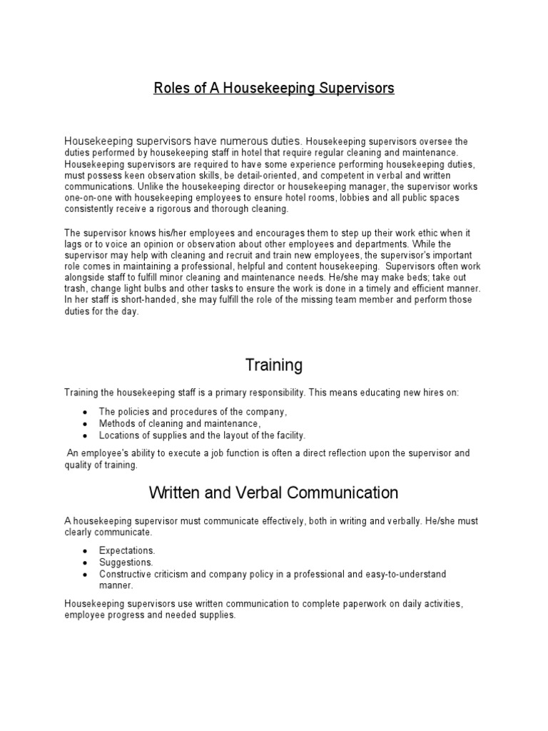 Housekeeping Supervisor Responsibilities | PDF | Housekeeping | Hotel