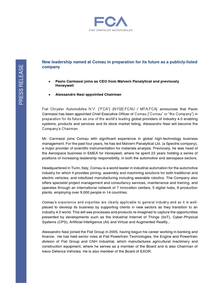 New Leadership Named at Comau in Preparation For Its Future As A ...