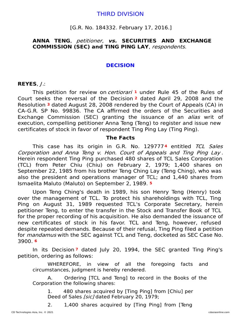 Petitioner Respondents: Anna Teng, Securities and Exchange Commission ...