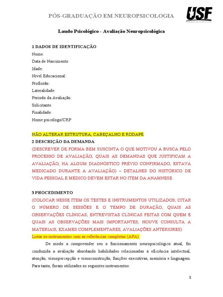 Modelo de Laudo Psicológico | PDF | Neuropsicologia | Quociente de inteligência