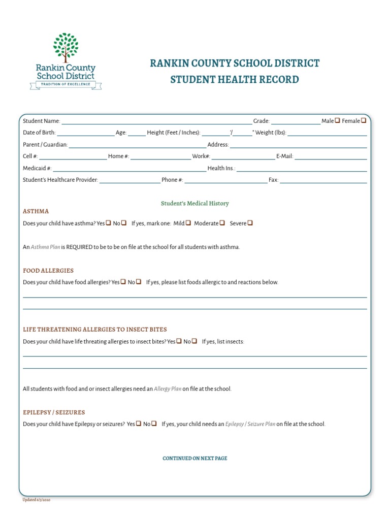 Student Health Record Form | PDF | Wellness