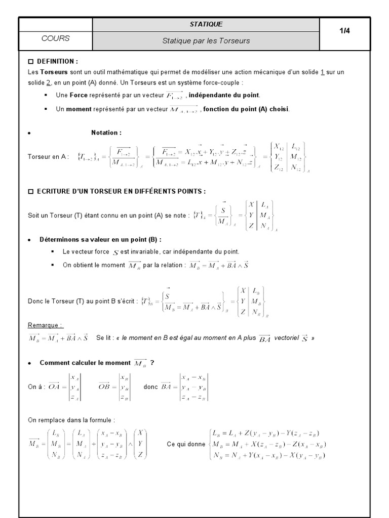 Introduction aux Torseurs en Statique | PDF | Physique | Mécanique