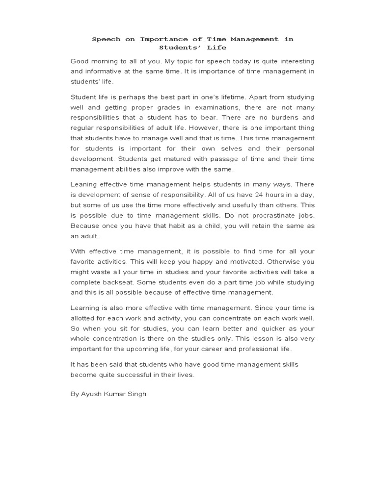 Speech On Importance of Time Management in Students' Life | PDF | Wellness