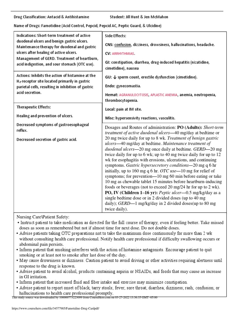 Famotidine: Uses and Nursing Considerations | PDF | Gastroesophageal ...