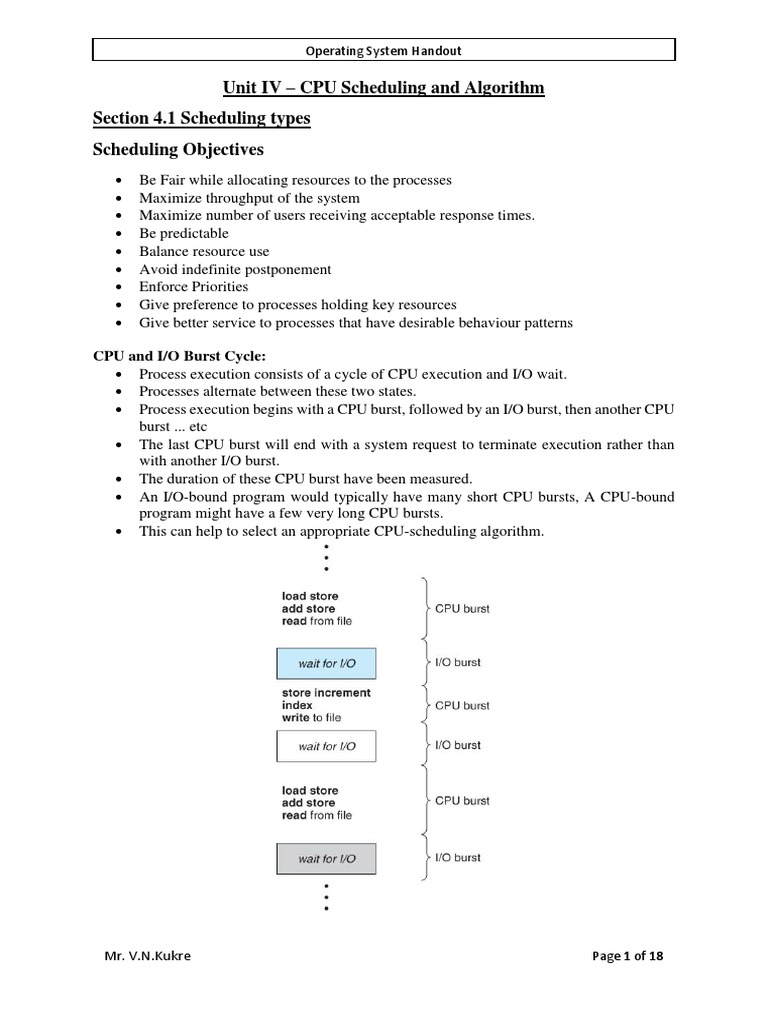 Unit Iv Cpu Scheduling And Algorithm Section 41 Scheduling Types Scheduling Objectives Pdf