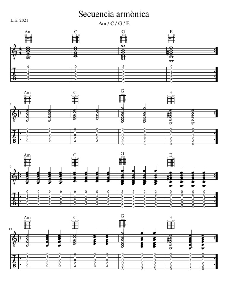 Secuencia - Armònica - Am-C-G-E - Guitarra | PDF