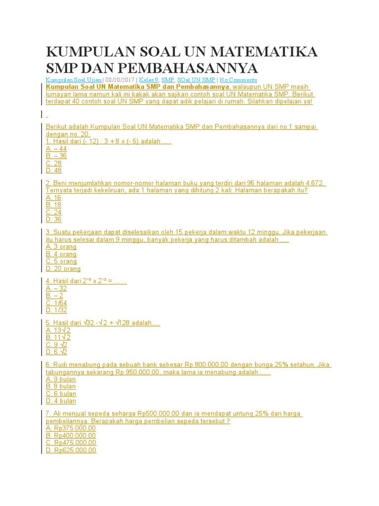 Kumpulan Soal Un Matematika SMP Dan Pembahasannya | PDF