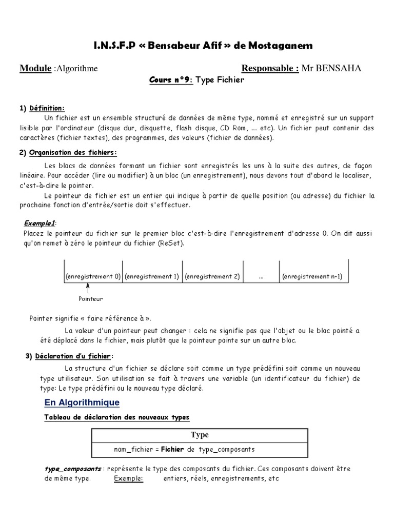 COURS - 10 - Fichier (COPIE) | PDF | Pointeur (programmation) | Fichier informatique
