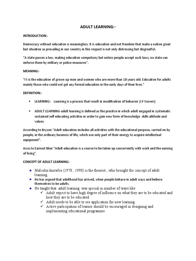 Adult Learning:-: Introduction | PDF | Learning | Adult Education