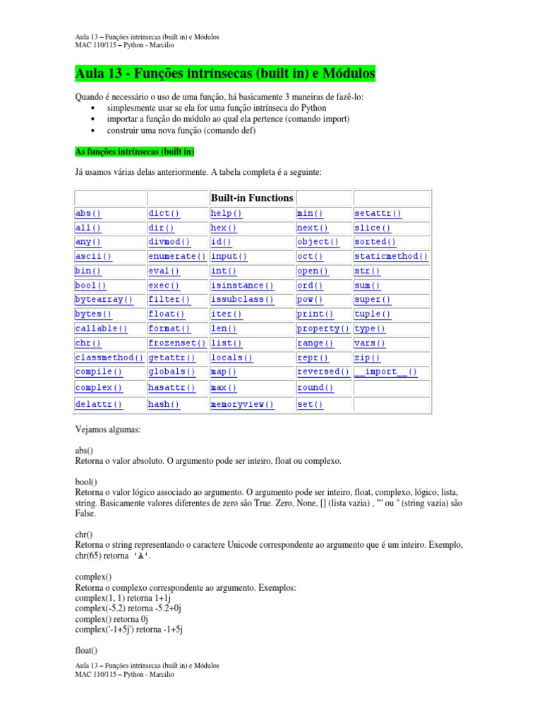 Aula13 - Python - Funcoes Intrinsecas Built in e Modulos | PDF | Python (linguagem de ...
