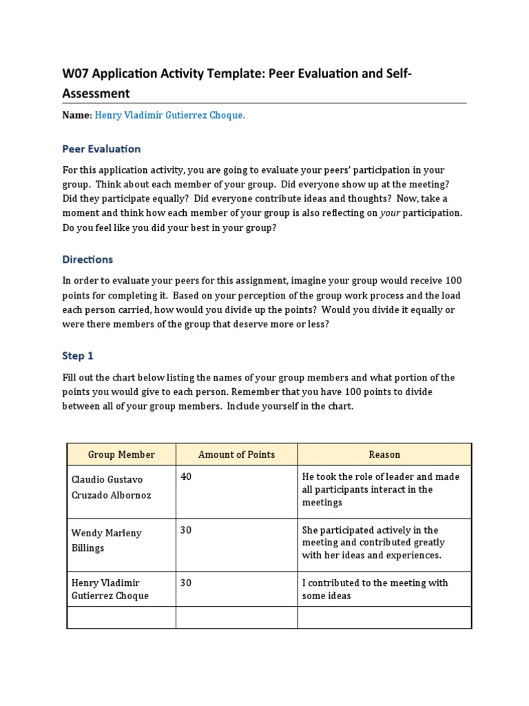 Peer Evaluation and Self-Assessment Guide | PDF | Idea | Experience