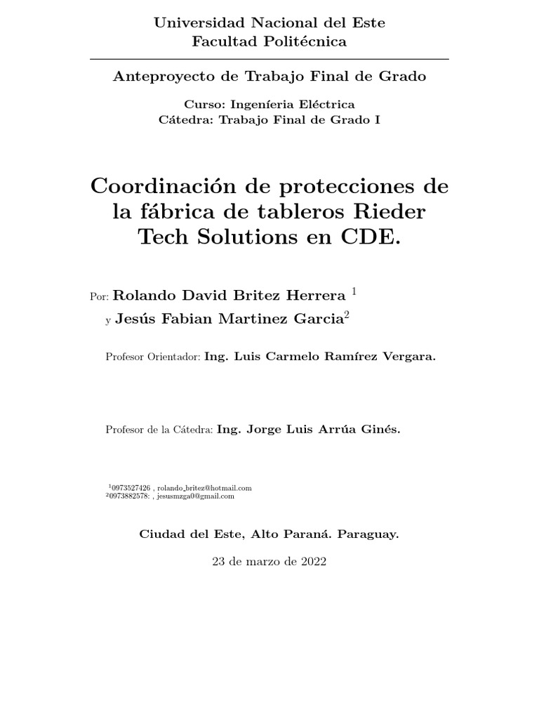 Coordinaci N de Protecciones de La Fabrica de Tableros Rieder Tech Solutions en CDE 1 ...