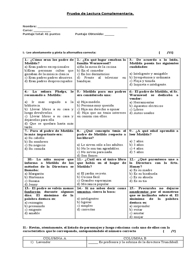 Prueba de Lectura Complementaria | PDF