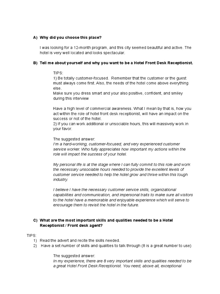 Front Desk Receptionist - Interview Questions | Pdf | Cognition