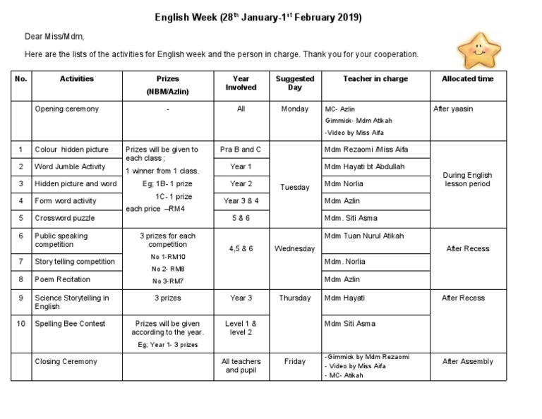 English Week Activities Schedule 2019 | PDF