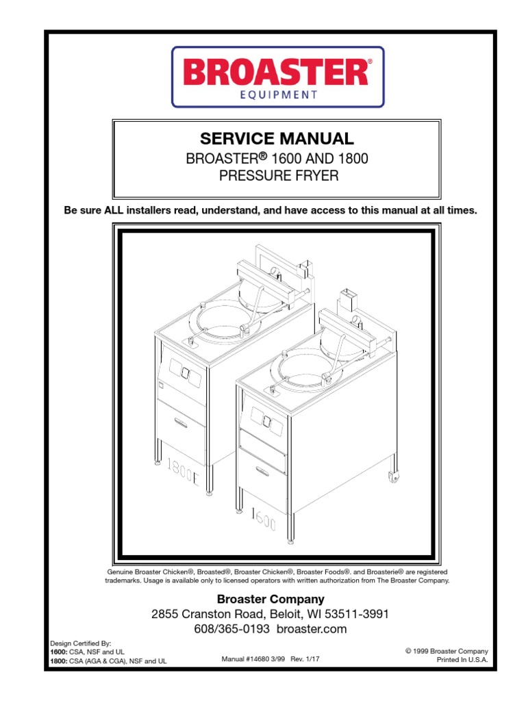 Service Manual: Broaster 1600 AND 1800 Pressure Fryer | PDF | Switch | Power Supply