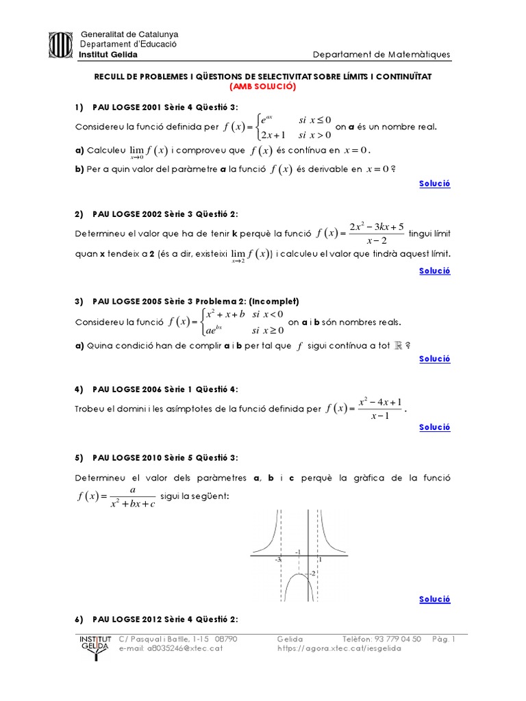Recull Problemes I Qüestions Selectivitat Sobre Límits I Continuïtat | PDF