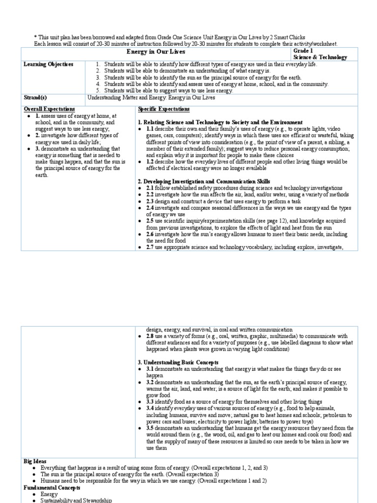 Energy in Our Lives: Grade 1 Unit Plan | PDF | Energy Development | Sun