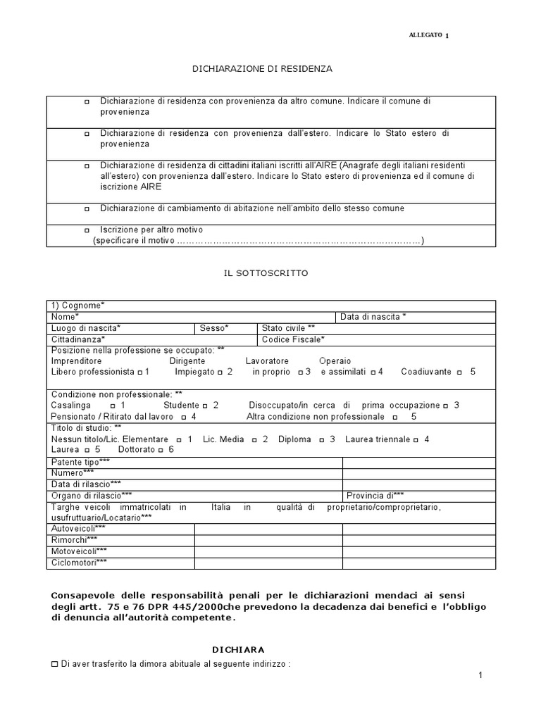 Dichiarazione Di Residenza | PDF