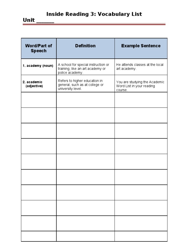 Inside Reading 3 Vocabulary Guide | PDF | Language Arts & Discipline