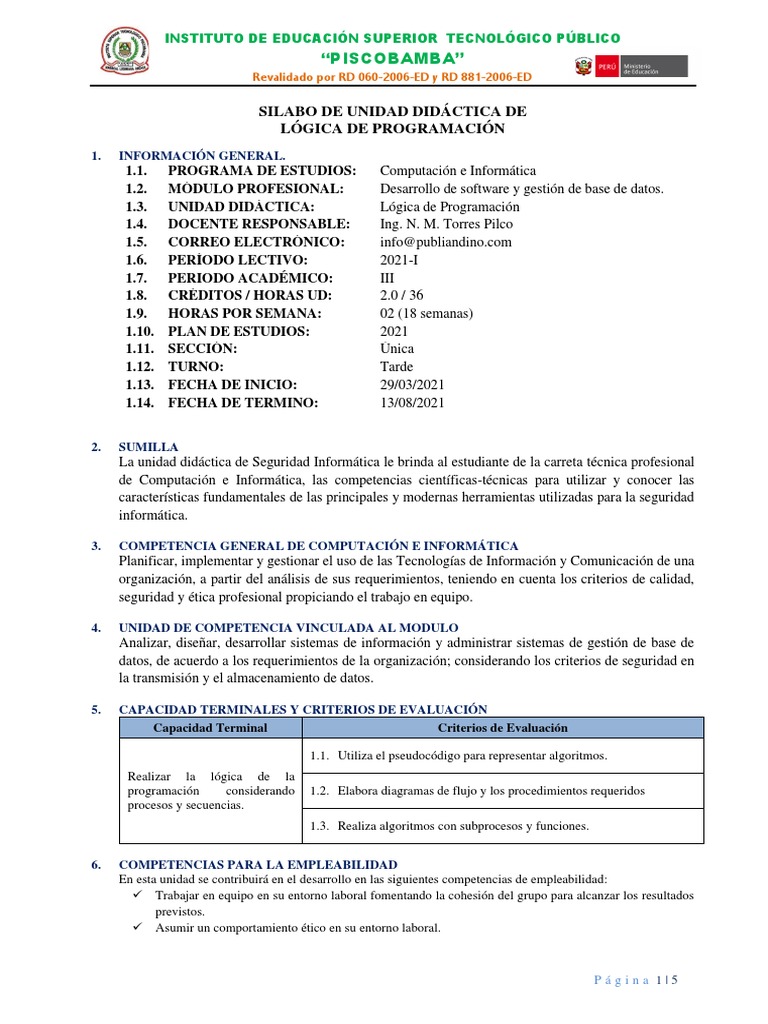 2021-1 (01) Silabo - Lógica de Programación | PDF | Algoritmos | Informática