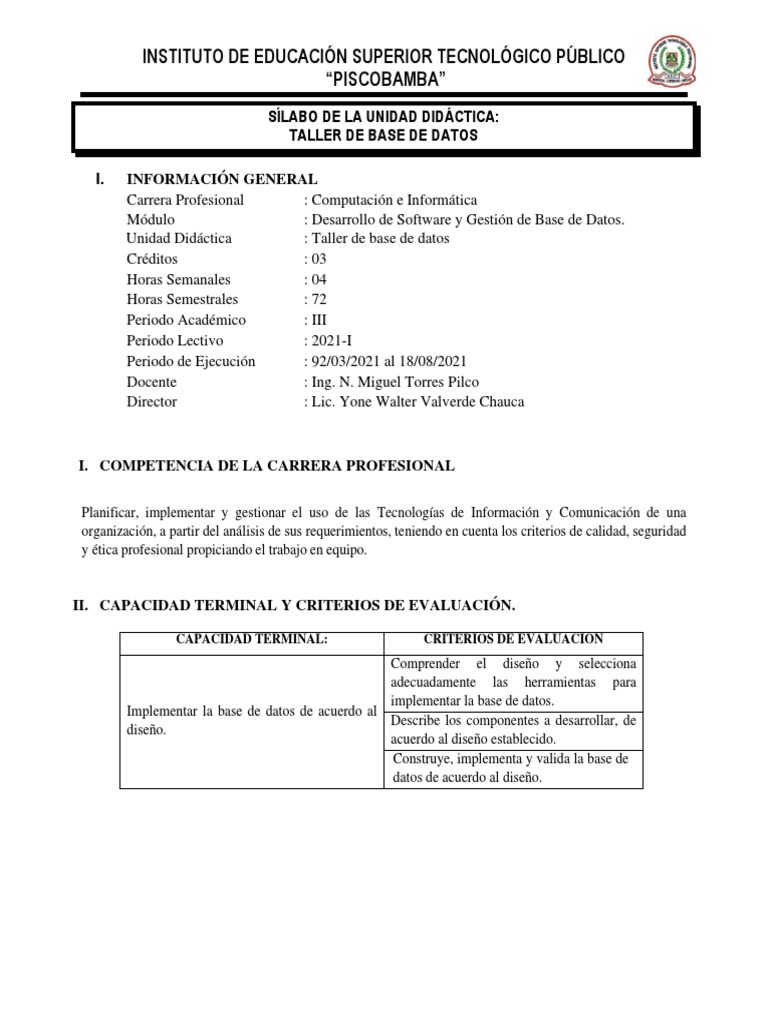 2021 - 1 (01) Silabo Taller de Base de Datos | PDF | Base de datos relacional | SQL