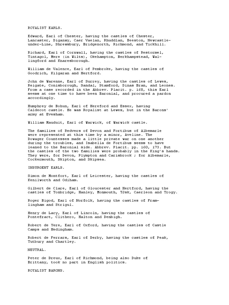 List of Barons For Barons War | PDF | English Families | Nobility