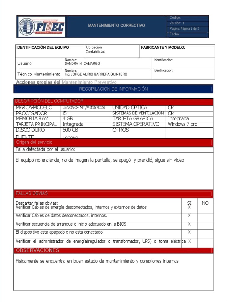 PDF Formato de Mantenimiento Correctivo Ejemplo - Compress | PDF | Bios | Hardware de la computadora