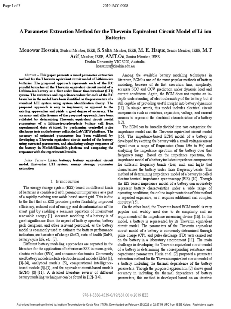 A Parameter Extraction Method For The Thevenin Equivalent Circuit Model of Li-Ion Batteries ...