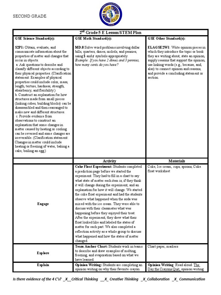 2nd Grade Matter 5e Stem Lesson Plan | PDF | Color | Science