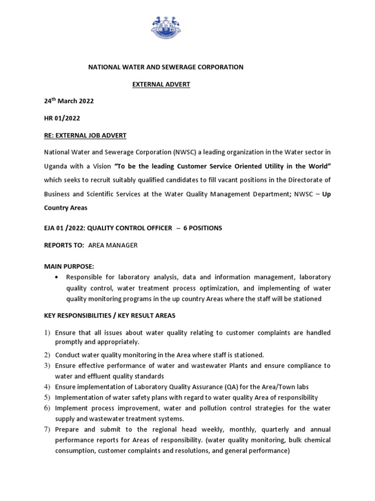 Quality Control Officer Positions at NWSC | PDF | Sewage Treatment ...