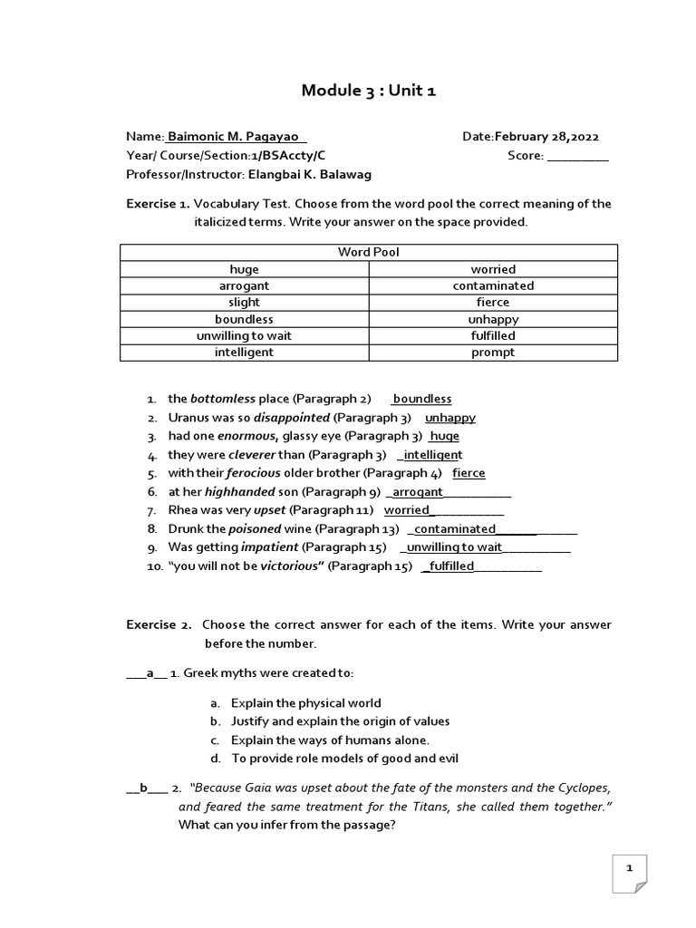 Module 3: Unit 1: Exercise 1. Vocabulary Test. Choose From The Word ...
