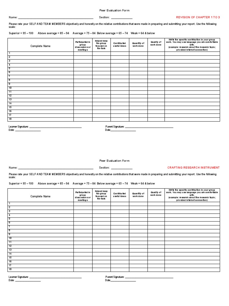 Peer Evaluation Form | PDF | Cognition | Learning