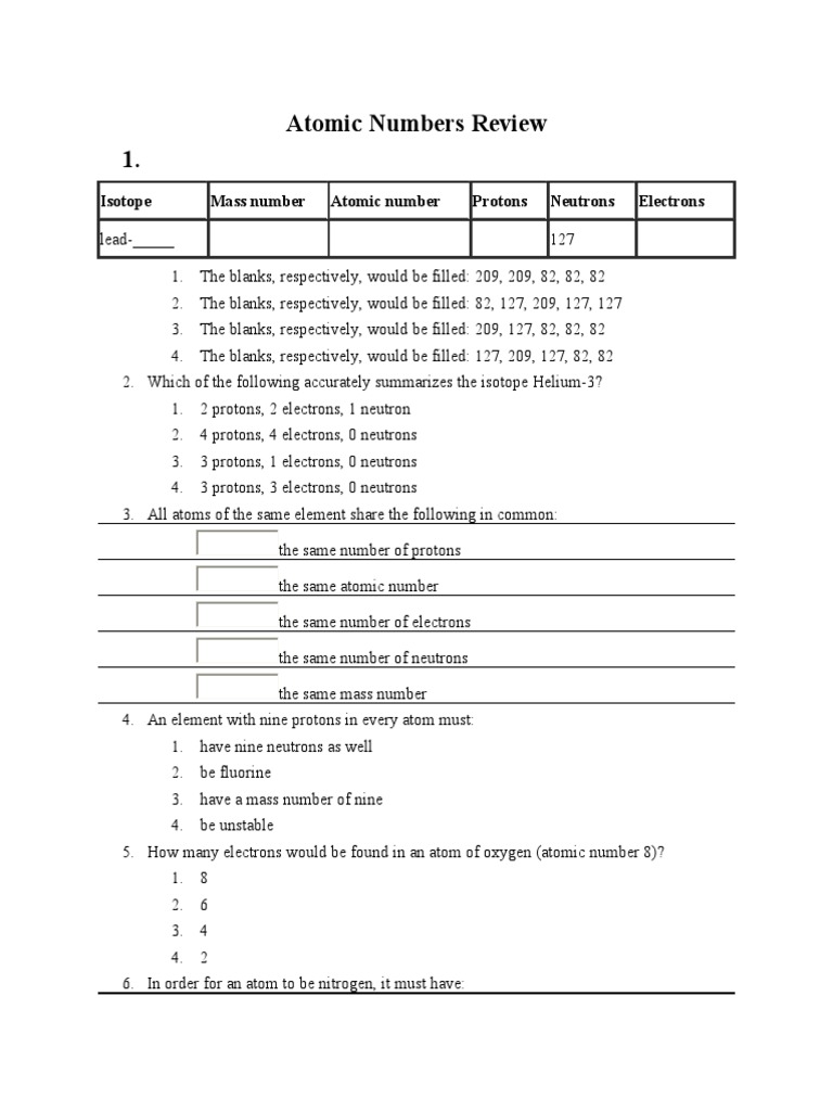 Atomic Numbers Review 1.: Isotope Mass Number Atomic Number Protons ...