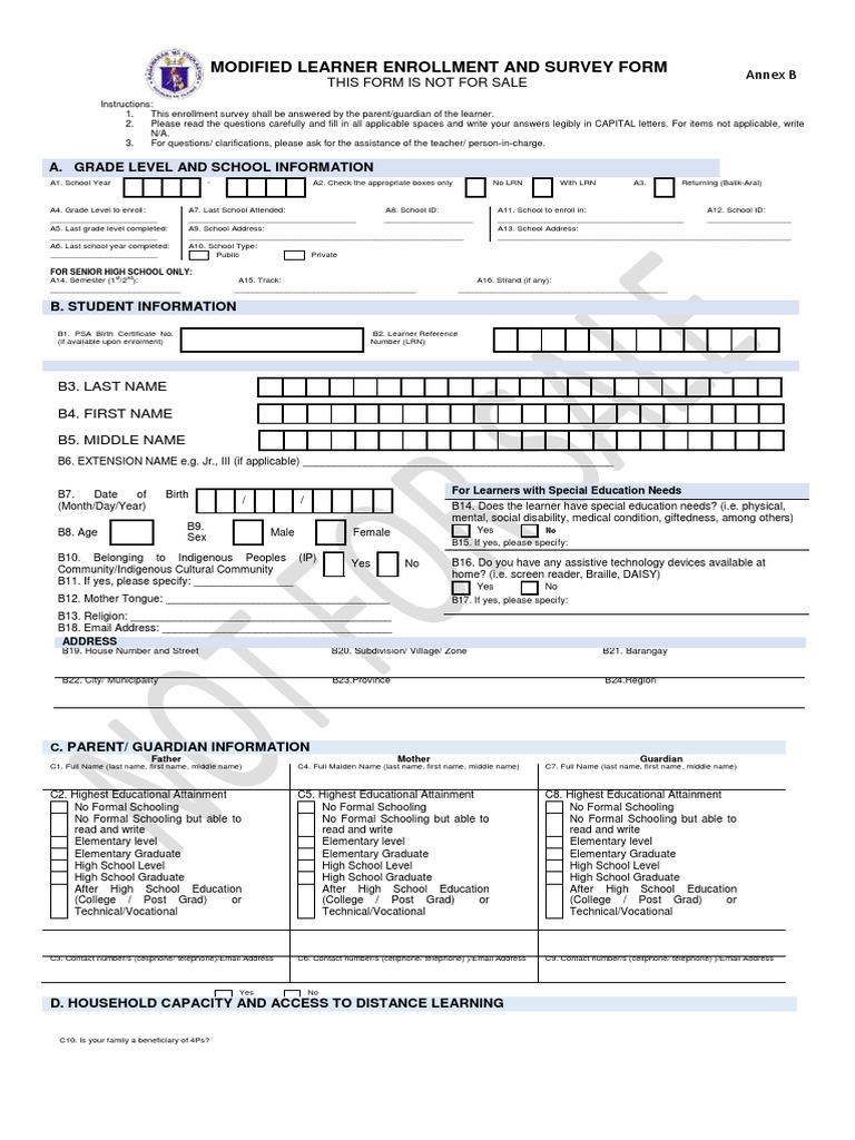 Modified Learner Enrollment and Survey Form: A. Grade Level and School ...