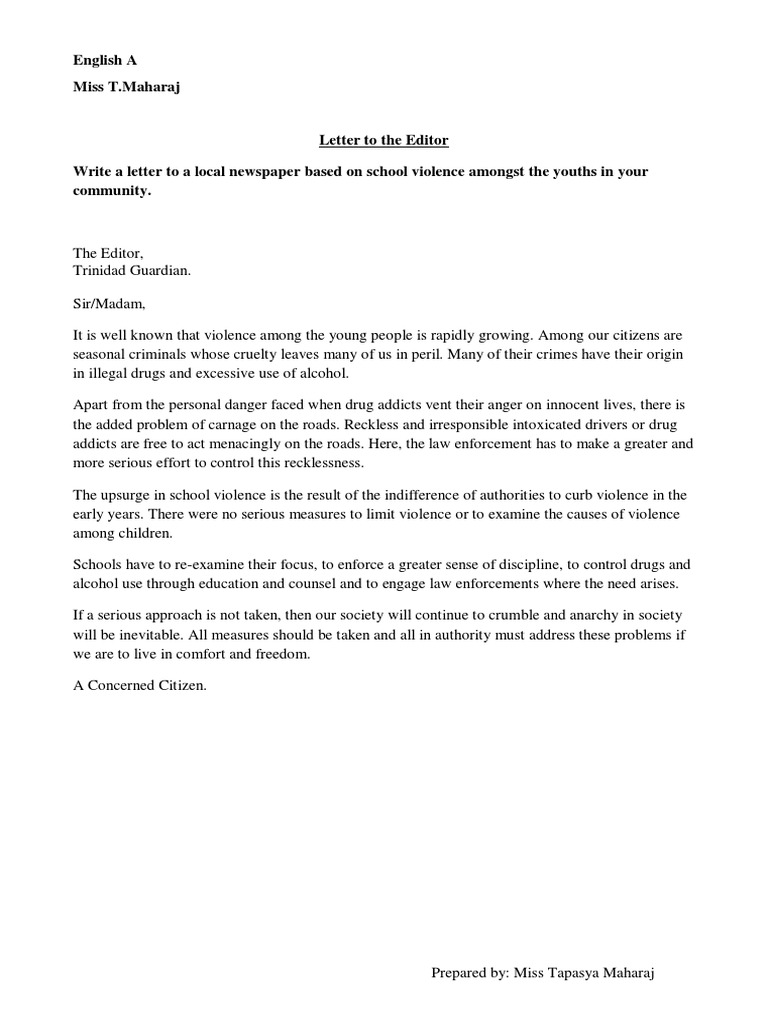Letter To The Editor Example-School Violence | PDF