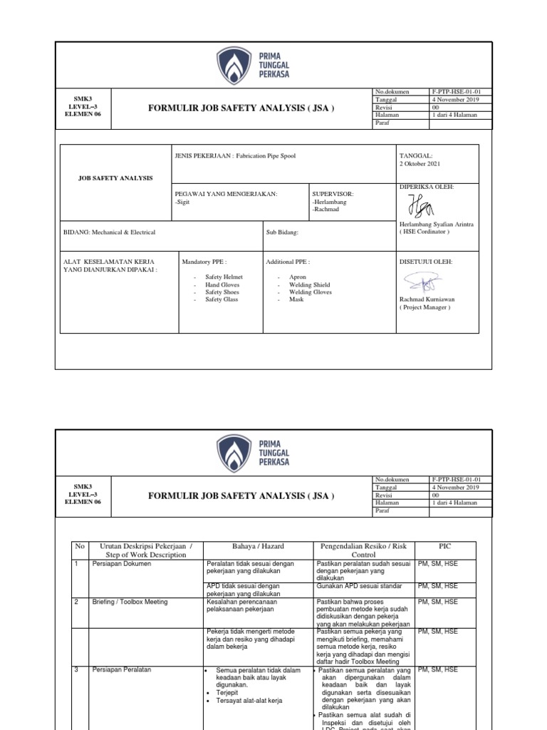F-PTP-HSE-01-01 Job Safety Analysis JSA Fabrication Spool | PDF