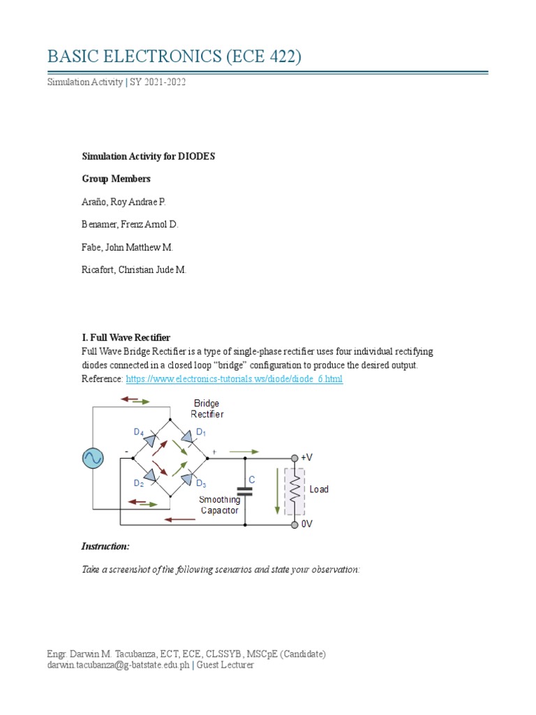 Basic Electronics (Ece 422) : Simulation Activity For DIODES Group ...