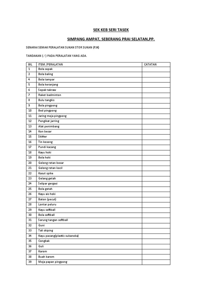 Senarai-Semak-Peralatan-Sukan Contoh | PDF