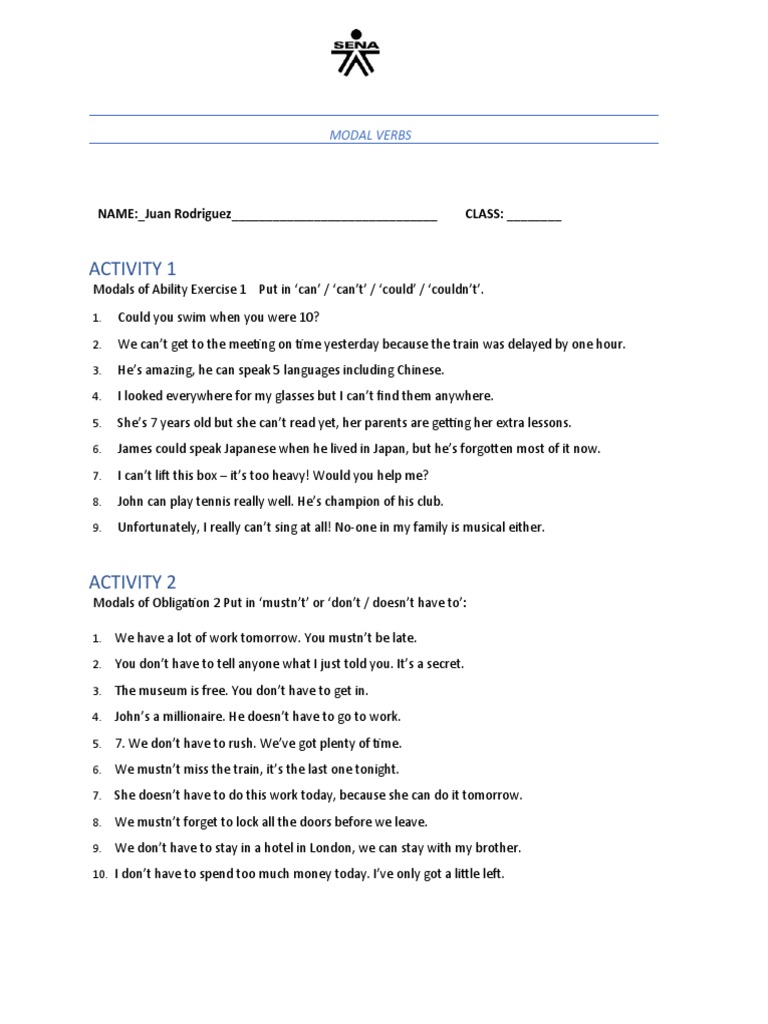 Modals of Ability Exercise 1 Put | PDF