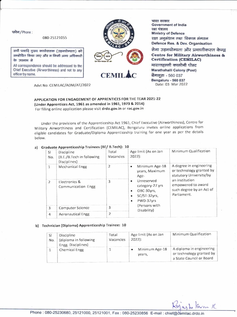 Advt Cemilac Aprntc 2022 | PDF | Apprenticeship | Vocational Education