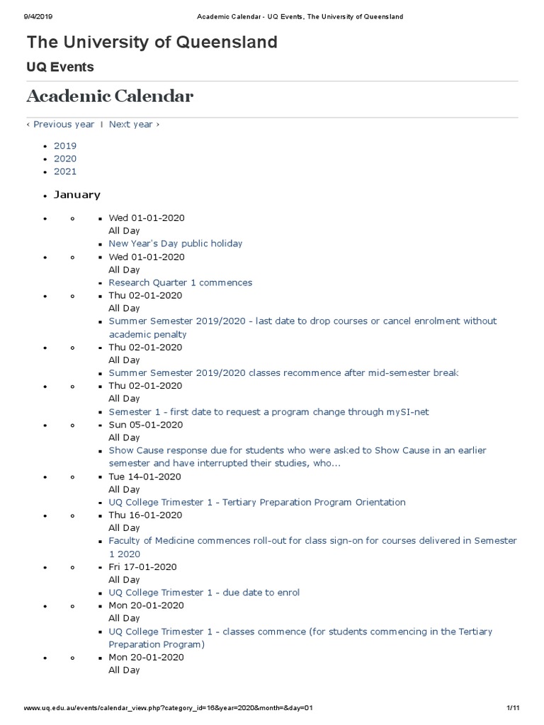 Academic Calendar - UQ Events, The University of Queensland | Download ...