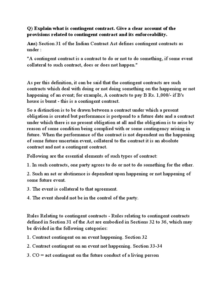 Contingent Contract | PDF | Law Of Obligations | Civil Law (Legal System)