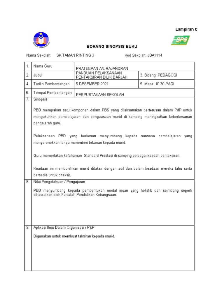 Borang Sinopsis Buku PBD | PDF